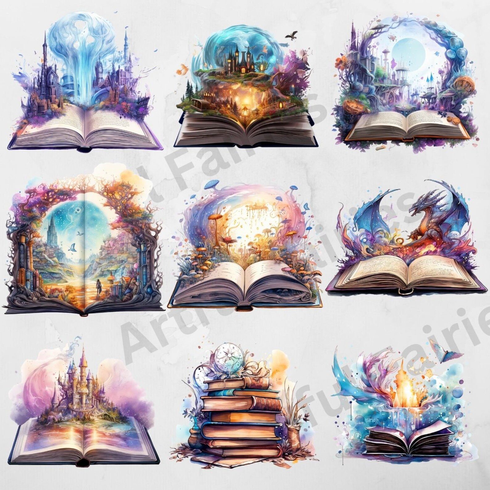 Watercolor Fantasy Books Clipart Open Book Bookshelf Vintage Stack ...
