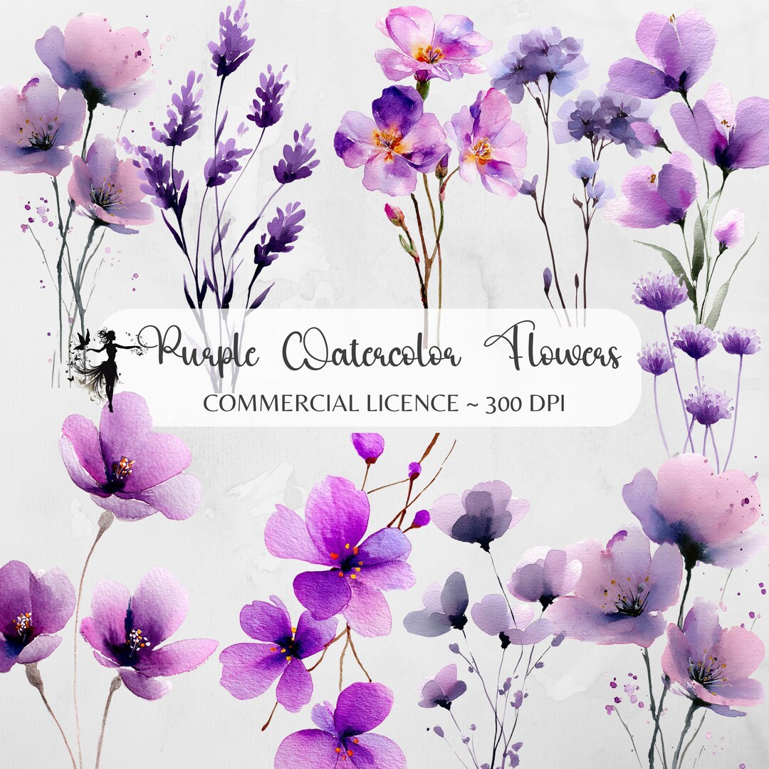 Purple Flowers Clipart, Purple Floral Print Printable Watercolor ...