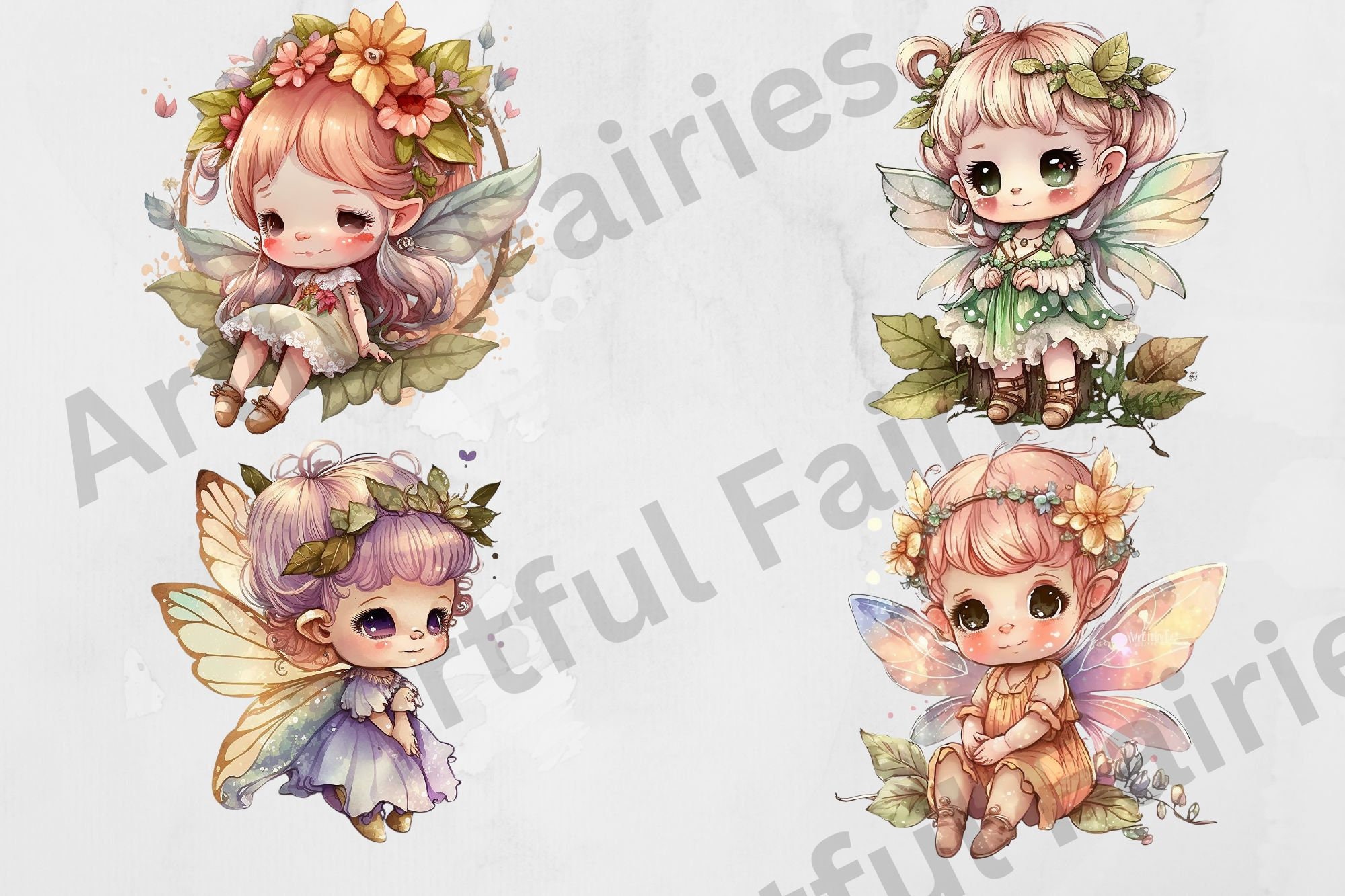 Cute Watercolor Fairies Chibi Fairies Chibi Clipart Little Fairy Cute ...