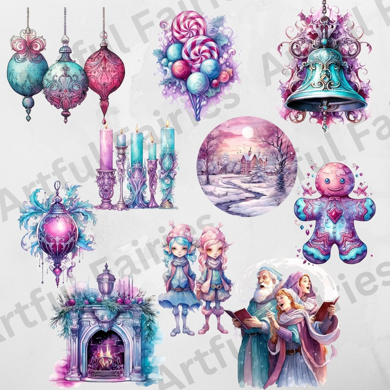 Pastel Christmas Clipart Bundle Watercolor Pink Christmas PNG Pastel ...
