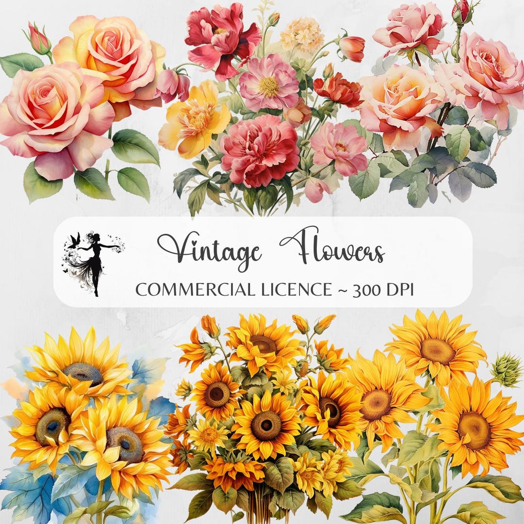 Vintage Flower PNG Bundle | Retro Floral Clipart | Watercolor Botanical ...