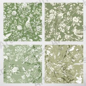 Sage Green Toile Seamless Pattern Digital Paper Floral Fauna Background ...