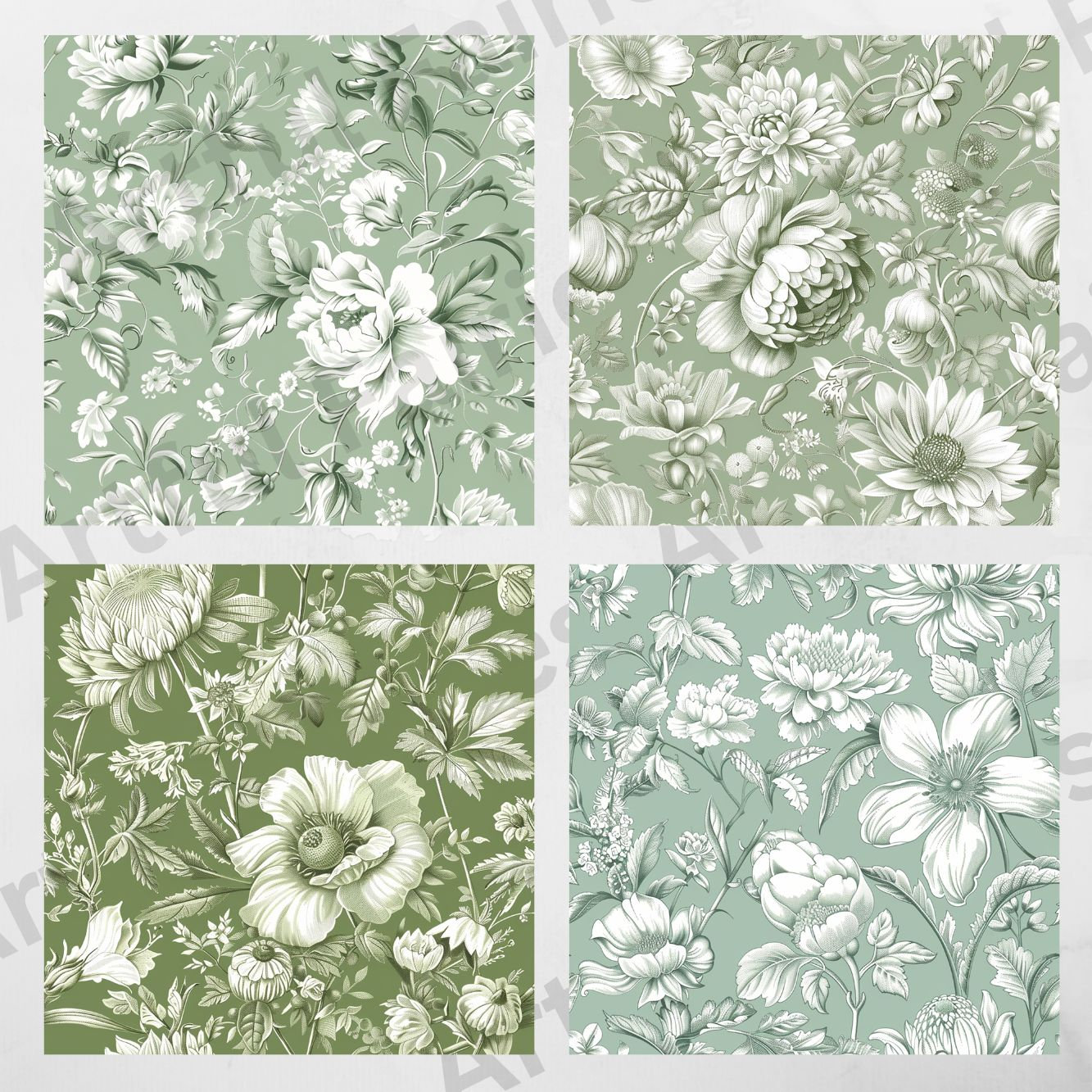 Sage Green Toile Seamless Pattern Digital Paper Floral Fauna Background ...