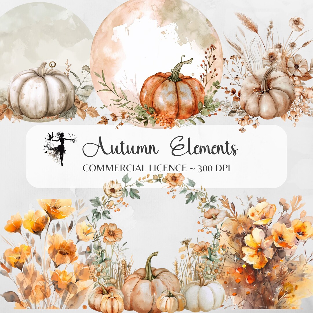 Autumn Elements Clipart Watercolor Fall Border Bundle Pumpkin PNG ...