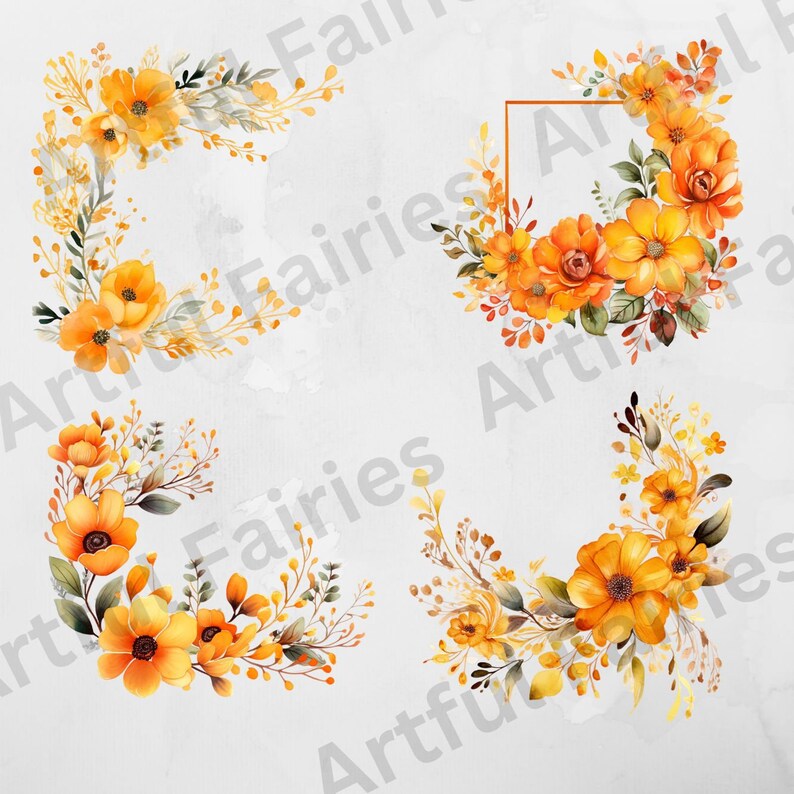 Watercolor Floral Clipart Orange Yellow Flower Border PNG Floral ...