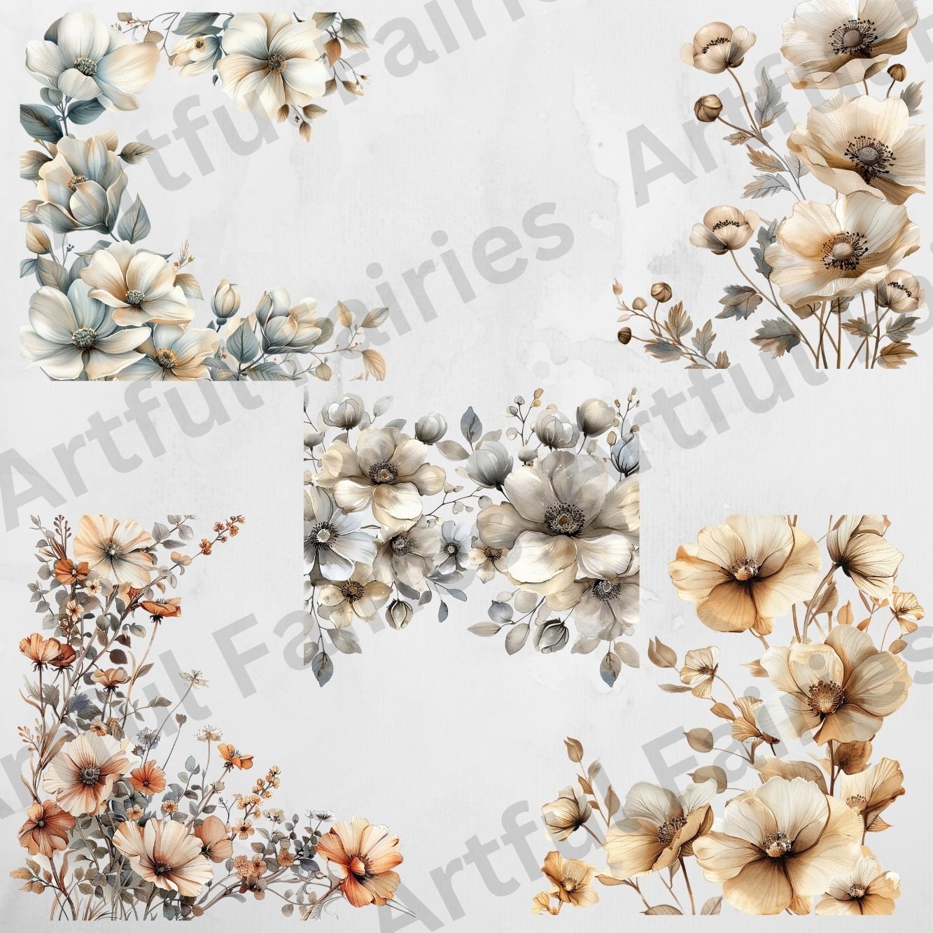 Neutral Floral Corners Clipart Neutral Flower Borders PNG Beige Digital ...