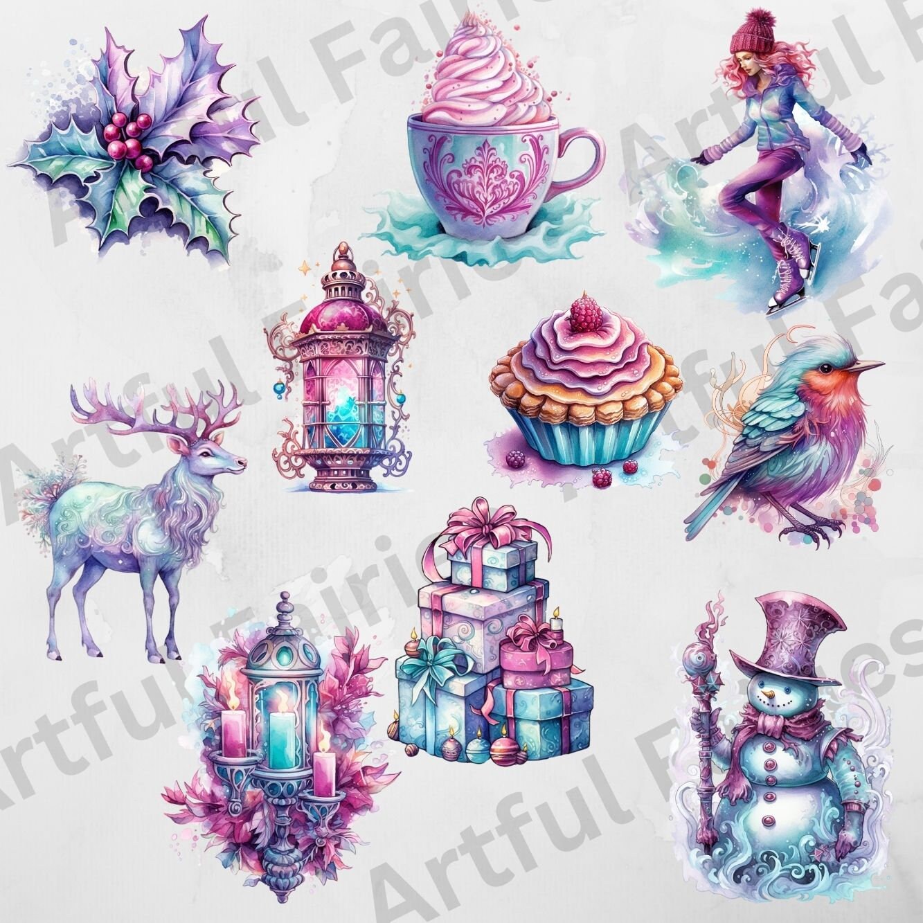 Pastel Christmas Clipart Bundle Watercolor Pink Christmas PNG Pastel ...