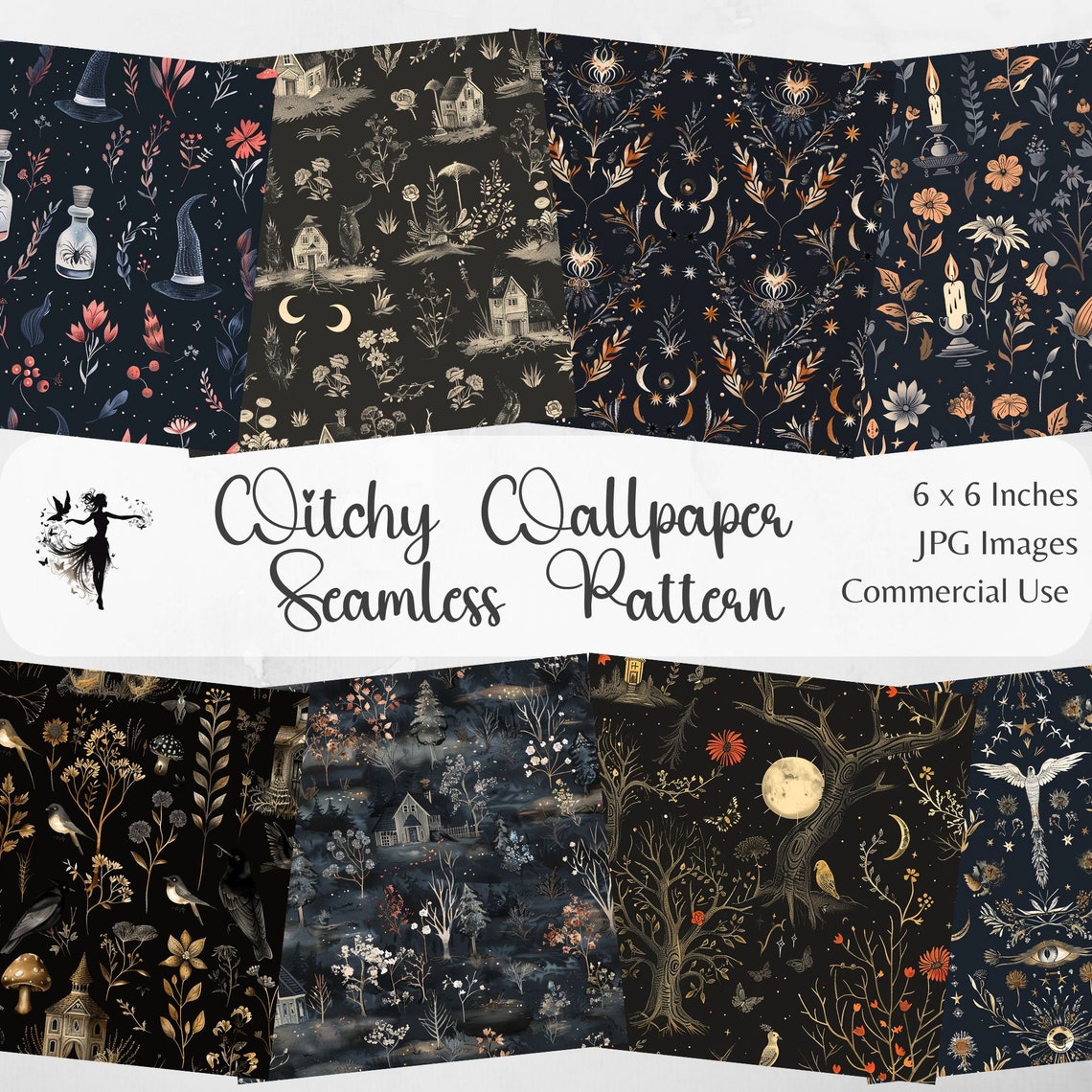 Witchy Wallpaper Seamless Pattern Digital Paper Backgrounds Forest ...