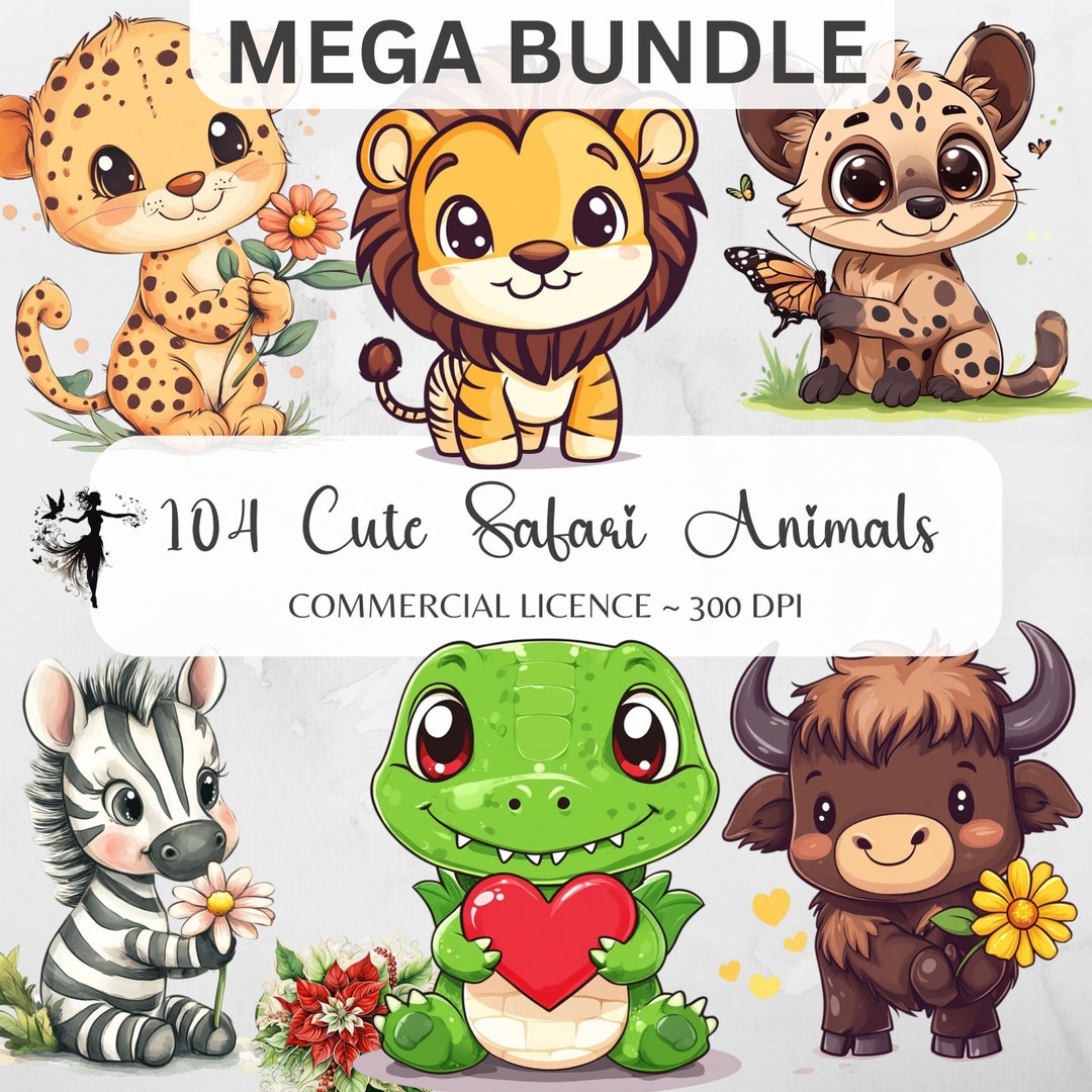 Cute Safari Animal Clipart Bundle Kawaii Baby Animal PNG for Nursery ...