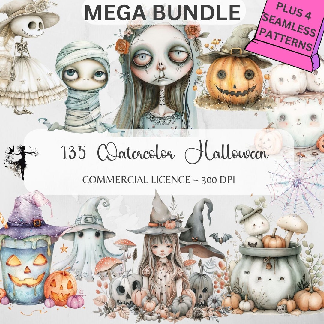 Watercolor Halloween Clipart PNG Bundle Kids Spooky PNG Pumpkin Cute ...