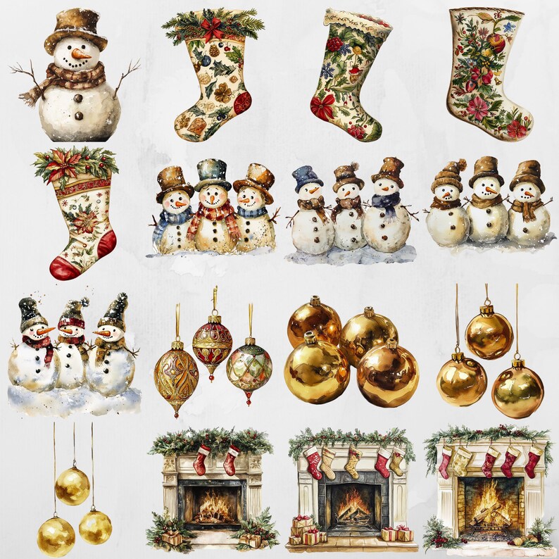 Watercolor Christmas Clipart Santa PNG Gold Tree Stocking, Snow Scene ...