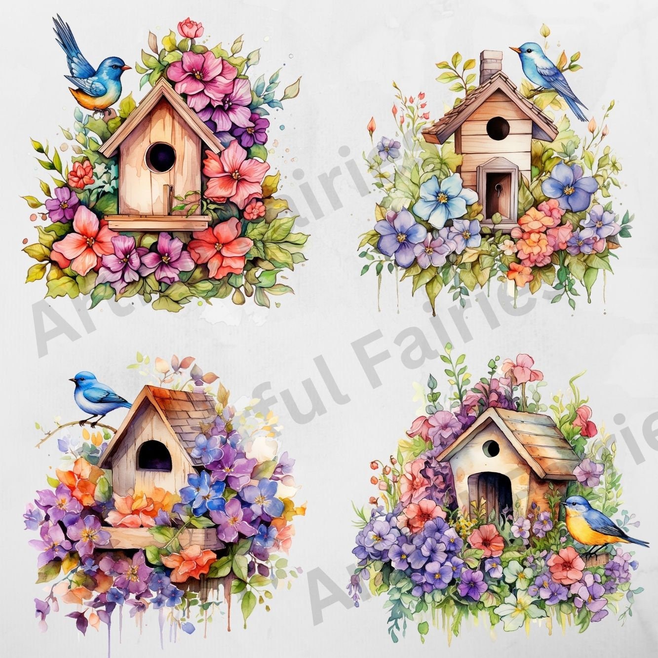 Watercolor Birdhouse Clipart Birdhouses Clipart Spring Clipart Garden ...