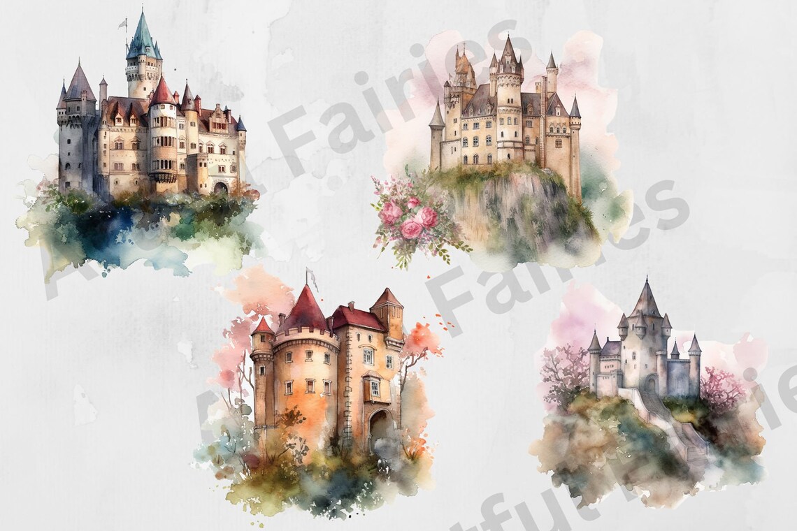 Romantic Medieval Castle Clipart Watercolor Clipart Fantasy - Etsy