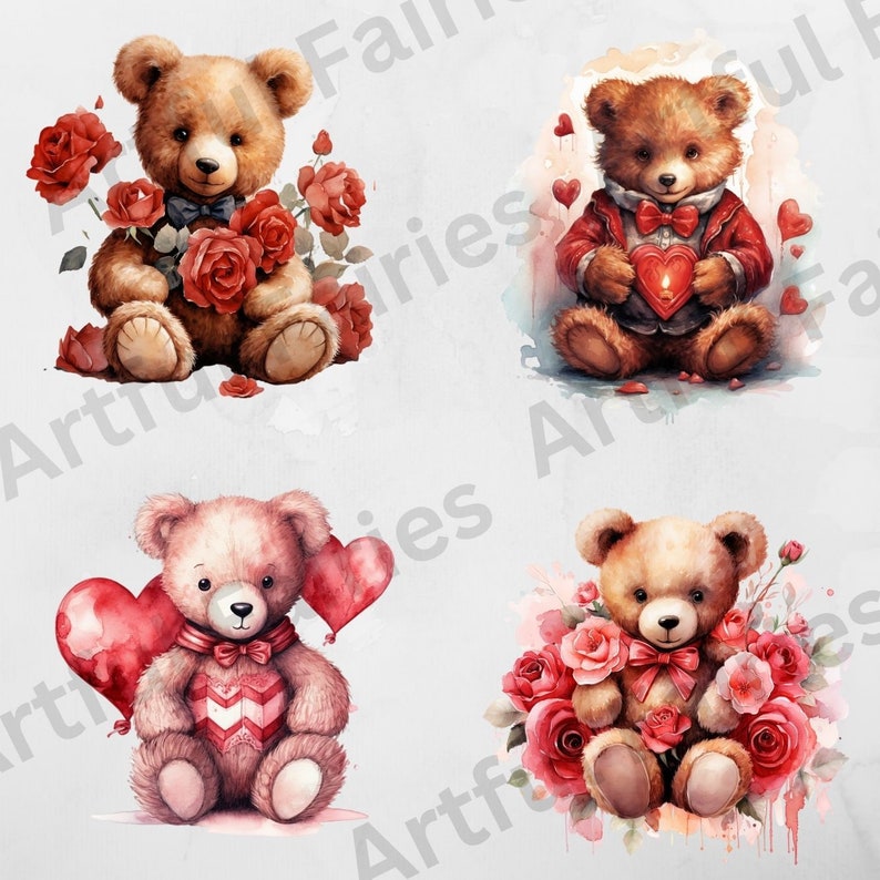 Valentine Teddy Bear Clipart PNG Cuddly Bear PNG Heart Watercolor ...