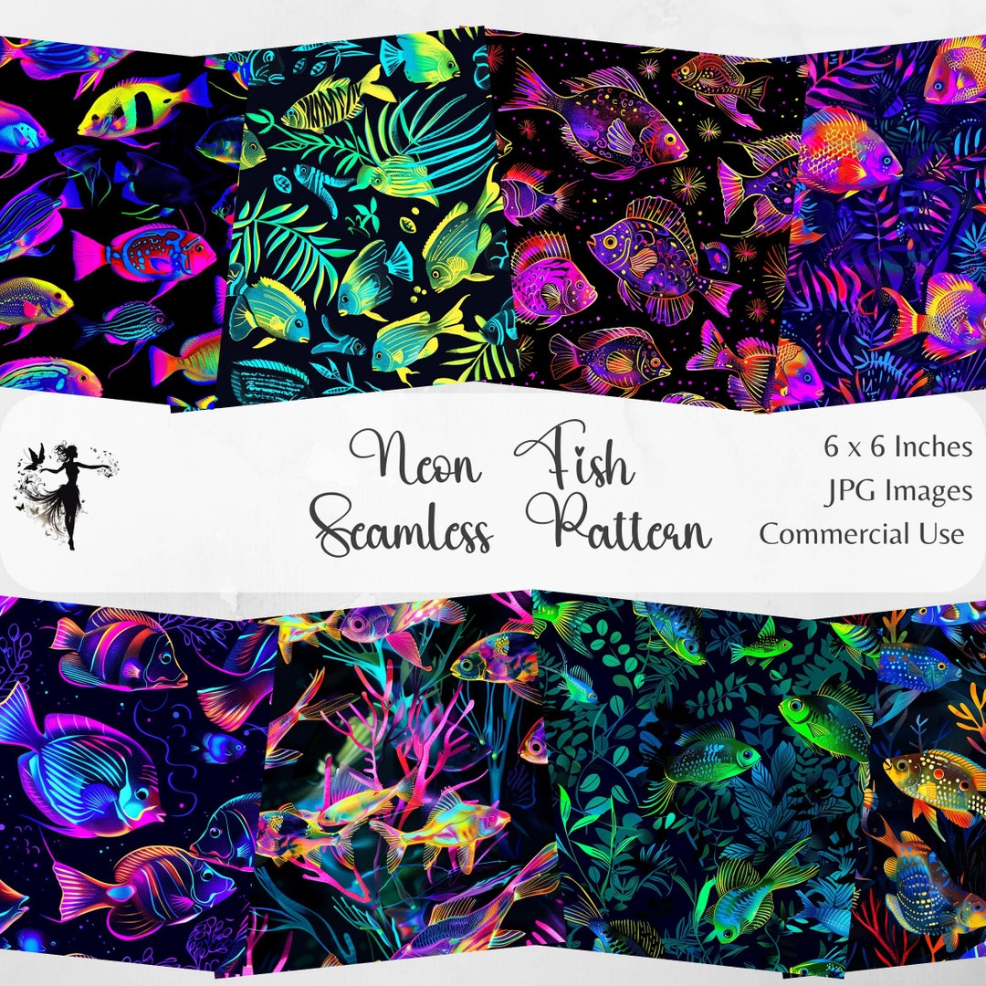 Neon Tropical Fish Seamless Pattern Digital Paper Background Printable ...