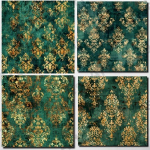 Green Teal and Gold Seamless Damask Pattern Printable Scrapbook Paper ...