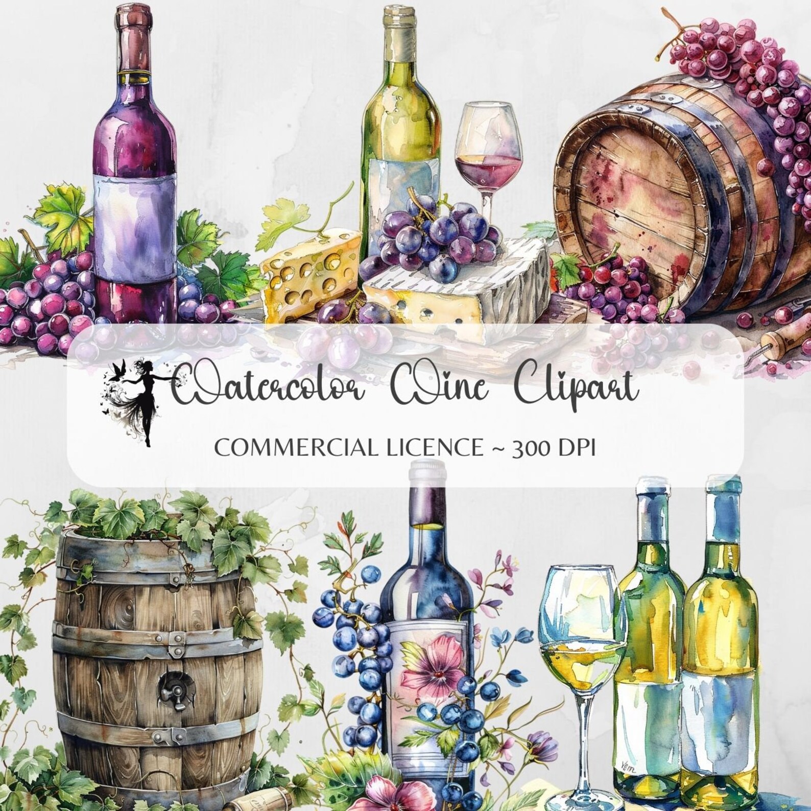 Watercolor Wine Clipart Bundle Grapes PNG Wine Glasses Clipart Barrel ...