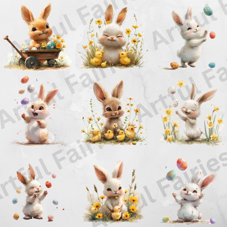 Watercolor Easter Bunny Clipart Bundle Cute Baby Bunny PNG Chick Easter ...
