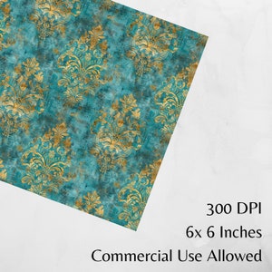Green Teal and Gold Seamless Damask Pattern Printable Scrapbook Paper ...