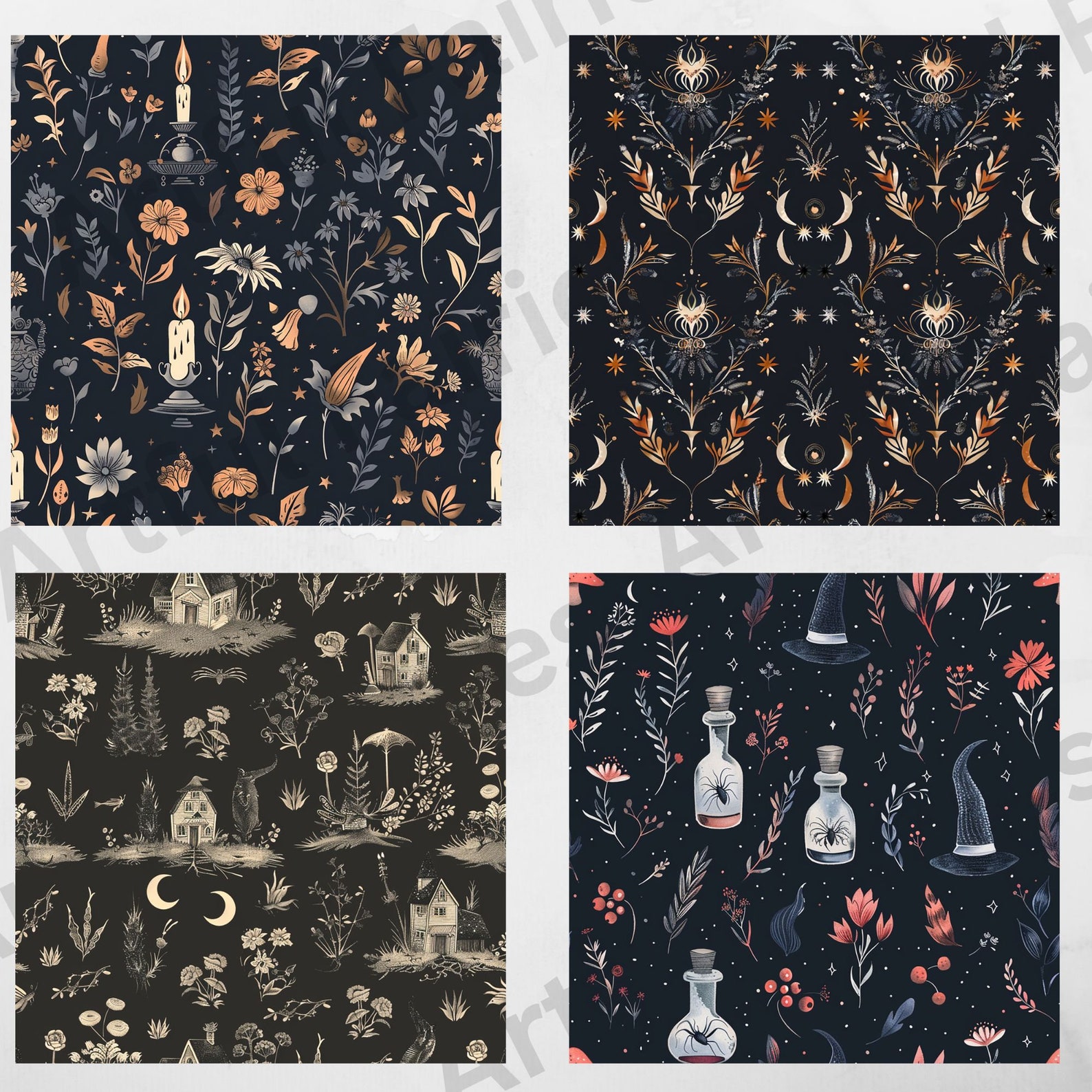 Witchy Wallpaper Seamless Pattern Digital Paper Backgrounds Forest ...