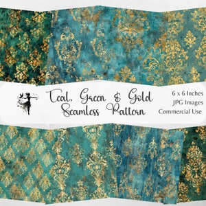 Green Teal and Gold Seamless Damask Pattern Printable Scrapbook Paper ...