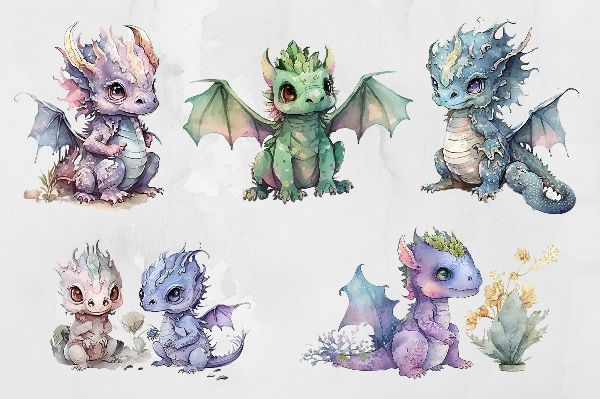 Cute Baby Watercolor Dragons Clipart Baby Dragon Clip Art Kawaii Dragon ...