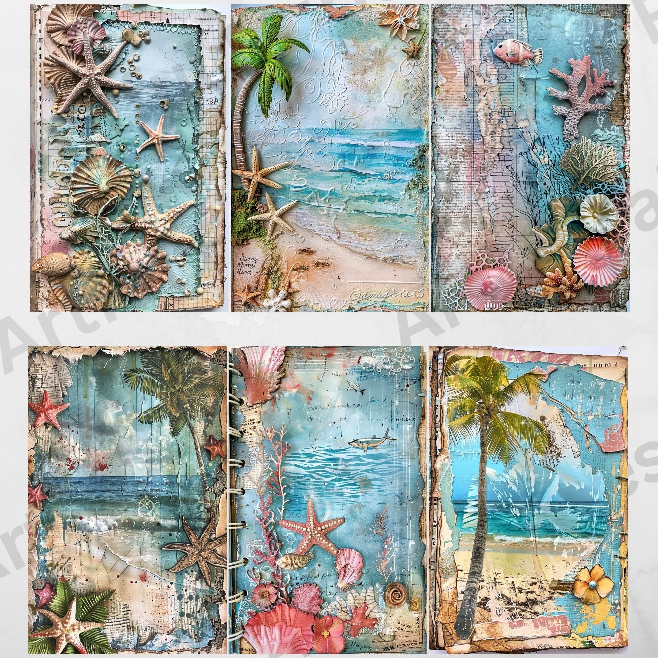 Summer Beach Junk Journal Pages Printable Kits Digital Scrapbook Paper ...