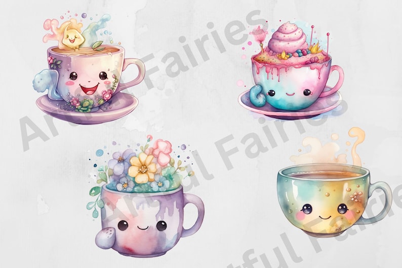Kawaii Clipart Cute Kawaii Drinks Watercolor Clipart Coffee - Etsy