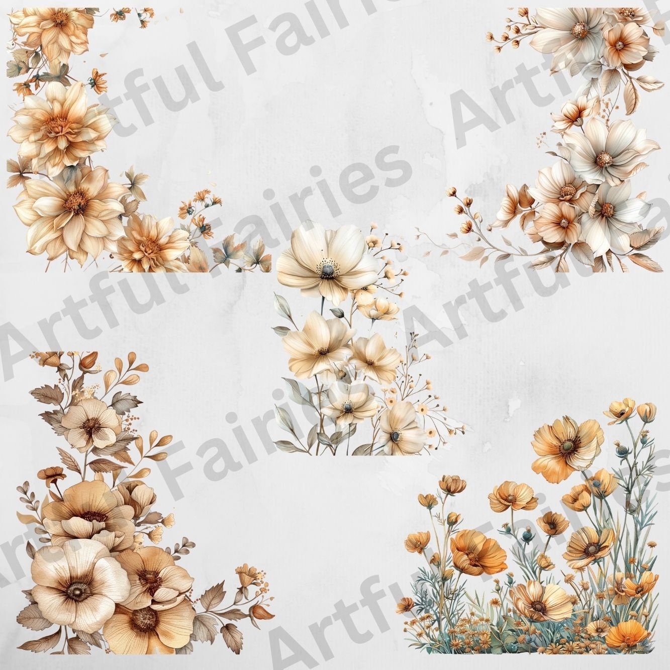 Neutral Floral Corners Clipart Neutral Flower Borders PNG Beige Digital ...