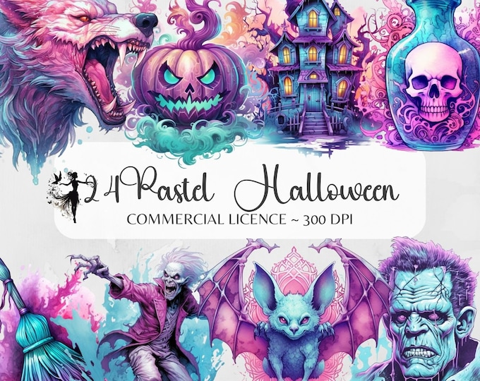 Pink Halloween Clipart Png Bundle, Pastel Halloween, Watercolor ...