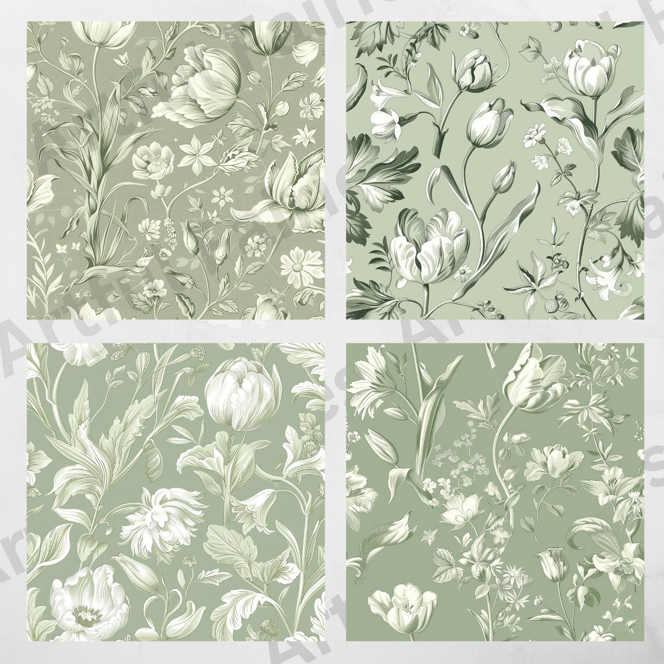 Sage Green Toile Seamless Pattern Digital Paper Floral Fauna Background ...