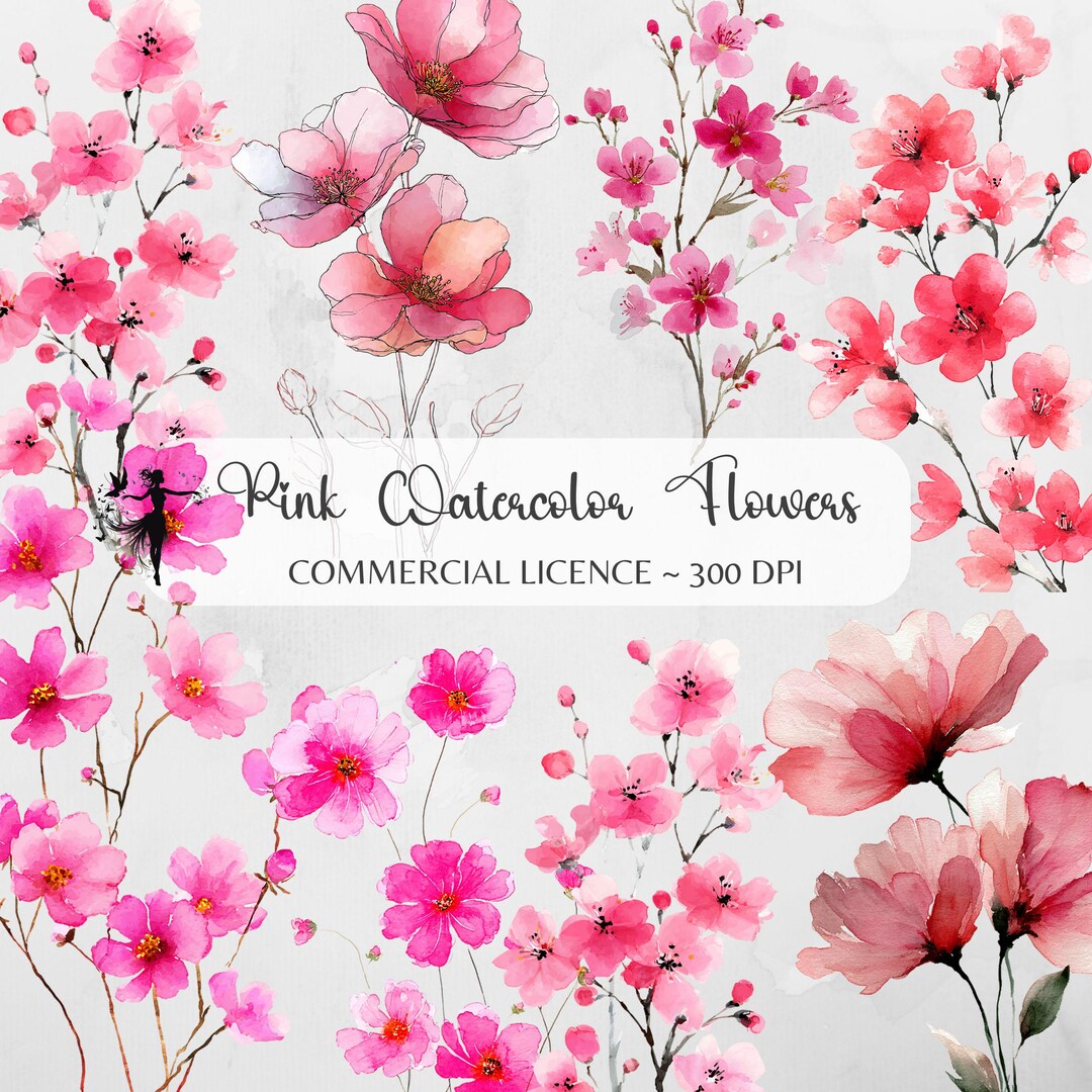 Pink Flowers Clipart Pink Floral Print Printable Watercolor Clipart ...