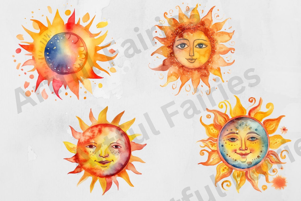 Watercolor Sun Clipart Sun Watercolour Clipart Warm Sun PNG Summer Sun ...