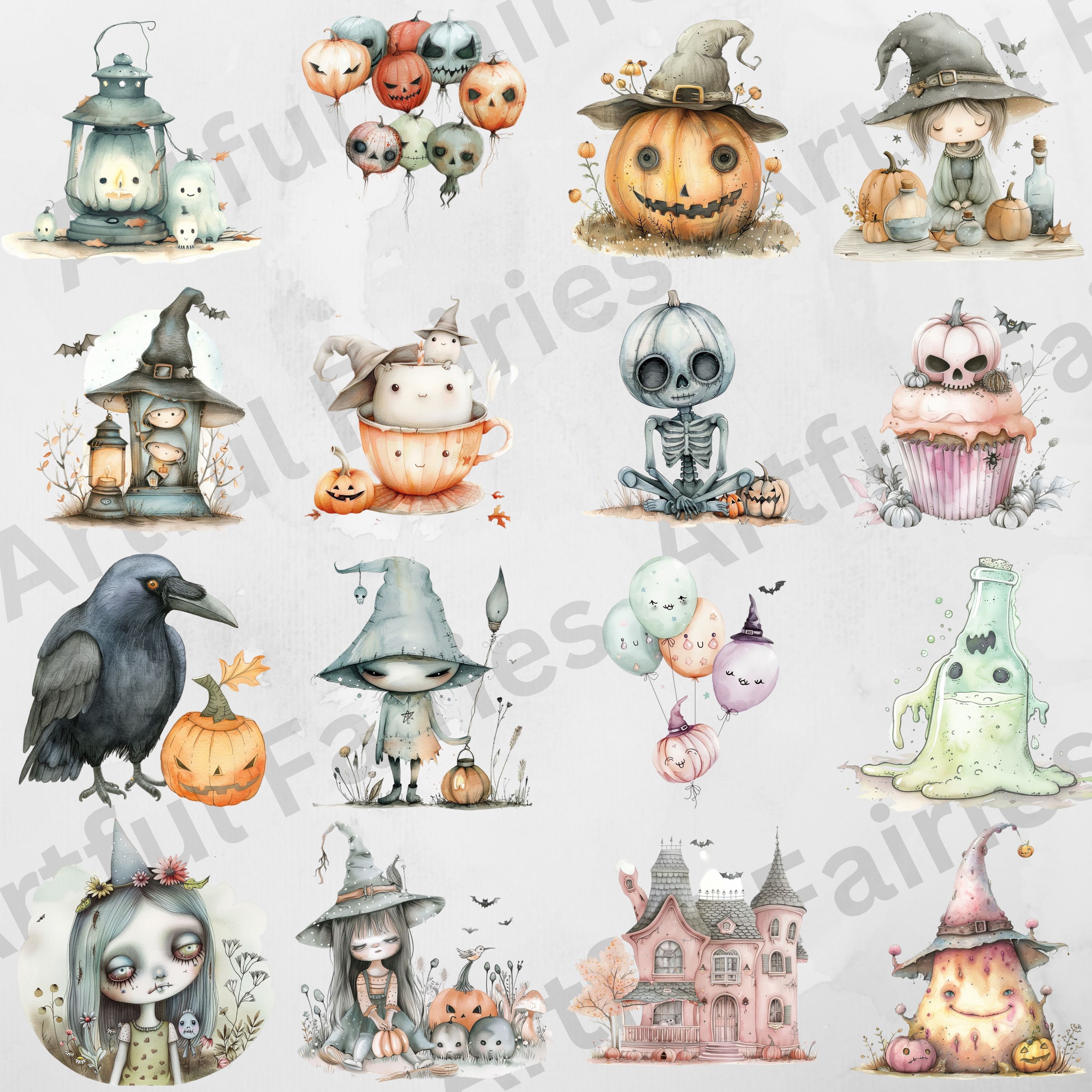 Watercolor Halloween Clipart PNG Bundle Kids Spooky PNG Pumpkin Cute ...