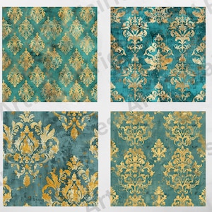 Green Teal and Gold Seamless Damask Pattern Printable Scrapbook Paper ...
