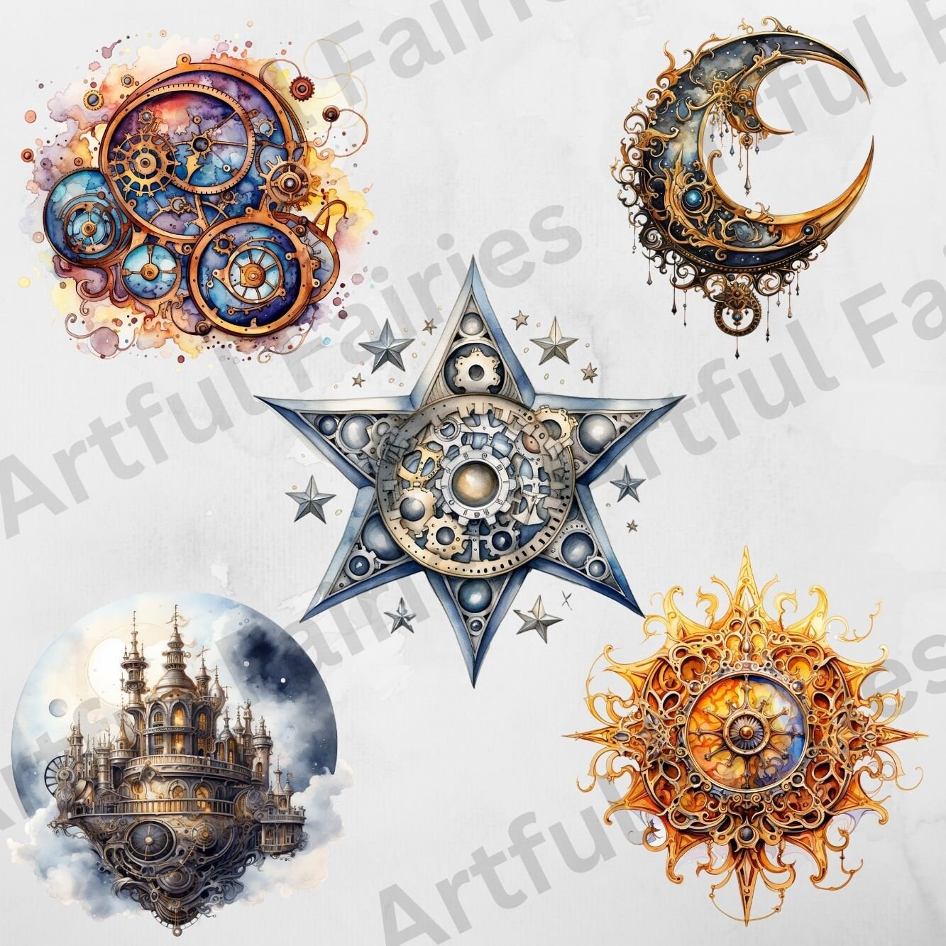 Watercolor Steampunk Clipart 26 Steampunk Celestial Clipart Steampunk Ephemera Steampunk Stars ...