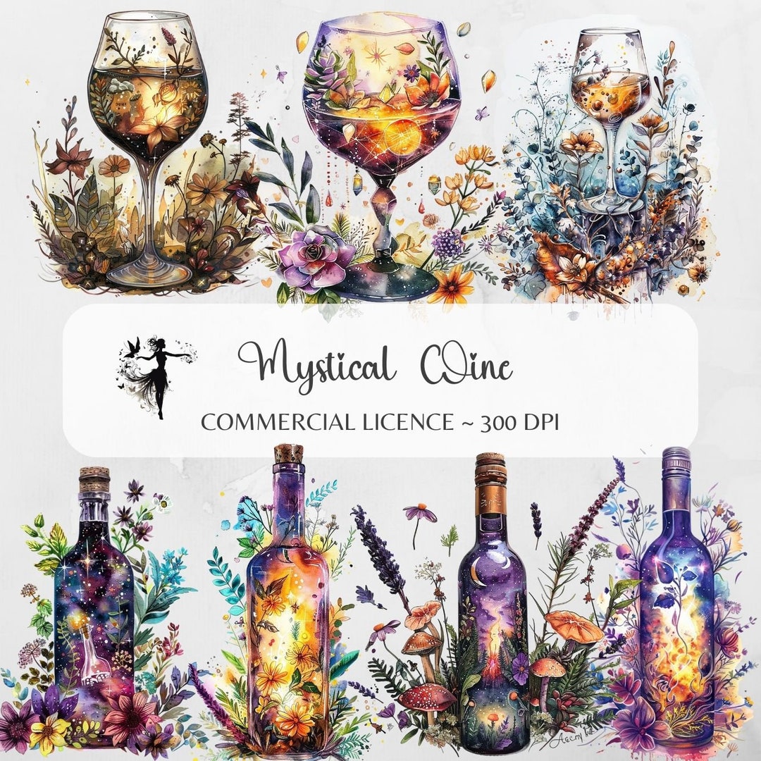 Watercolor Wine Clipart Bundle Magical Wine Glasses Flower PNG Red ...