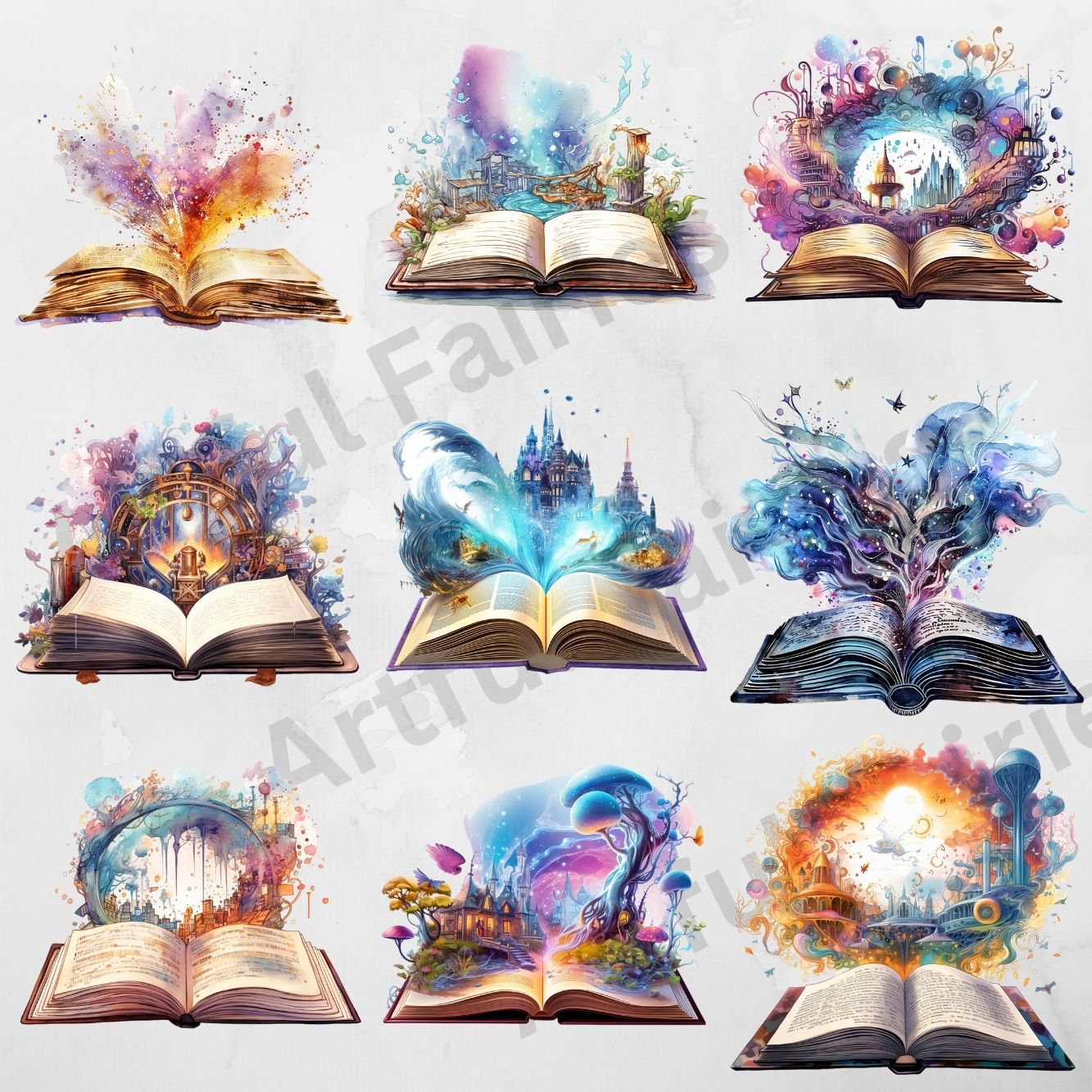 Watercolor Fantasy Books Clipart Open Book Bookshelf Vintage Stack ...