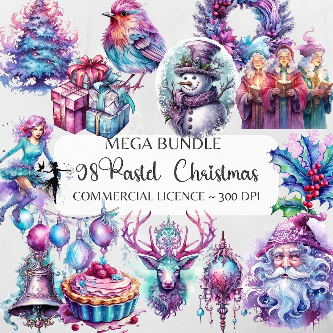 Pastel Christmas Clipart Bundle Watercolor Pink Christmas PNG Pastel ...
