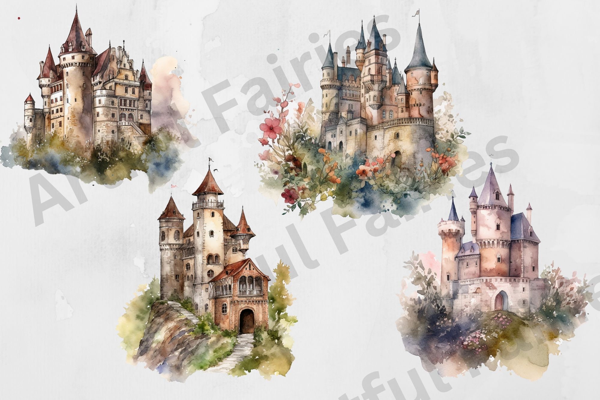 Romantic Medieval Castle Clipart Watercolor Clipart Fantasy - Etsy