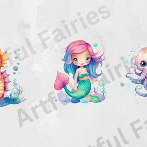 Watercolor Chibi Mermaid Clipart Set Kawaii Clipart Chibi Clipart DIY ...