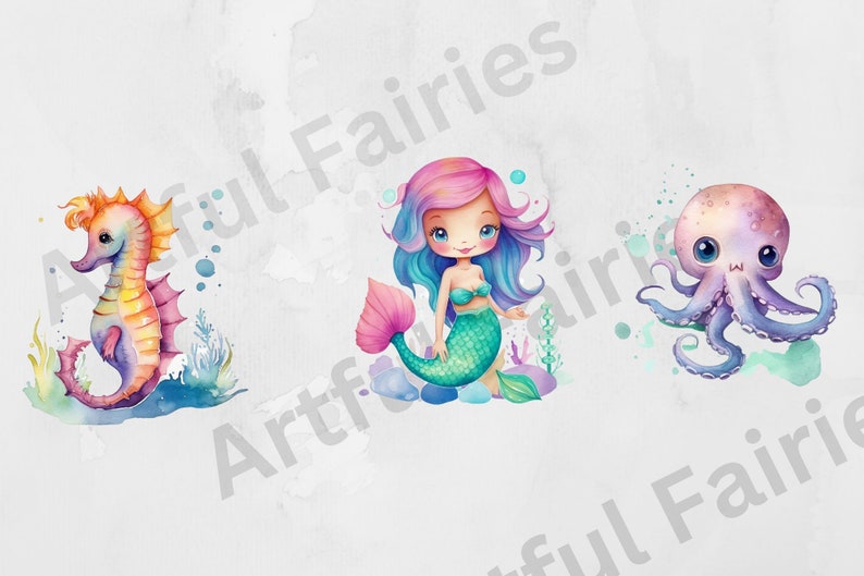 Watercolor Chibi Mermaid Clipart Set Kawaii Clipart Chibi Clipart DIY ...