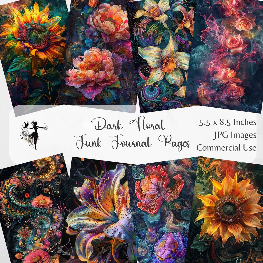 Dark Floral Junk Journal Pages Digital Scrapbook Paper Kit Neon Flowers ...