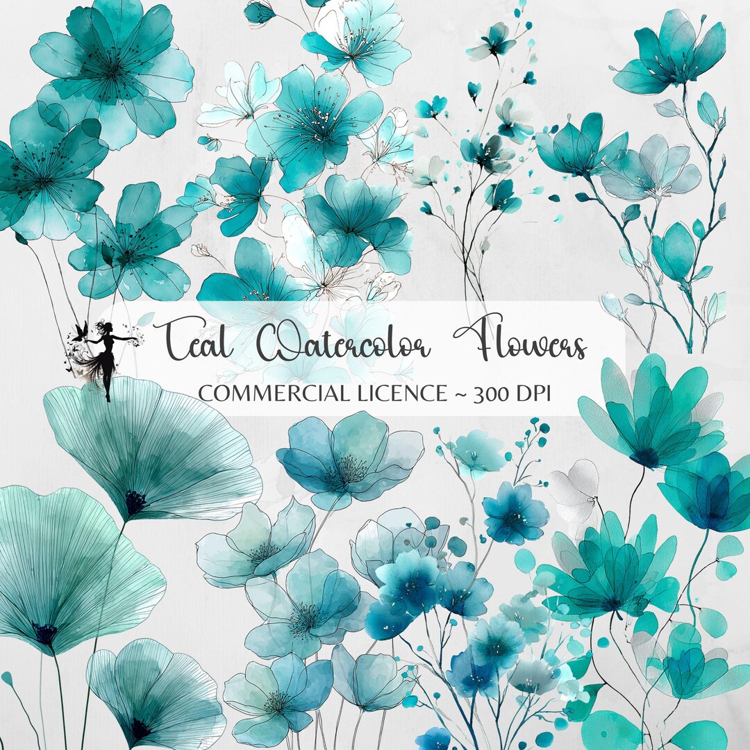 Teal Flowers Clipart, Teal Floral Print Printable Watercolor Clipart ...