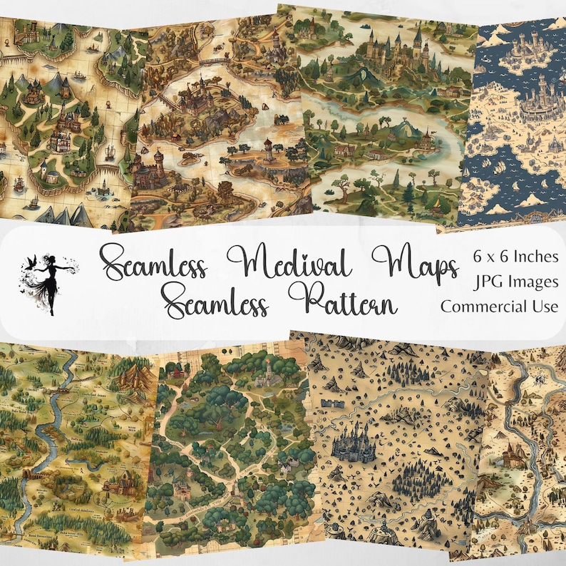 Medieval Fantasy Maps Seamless Patterns Pack Renfaire Digital Papers ...