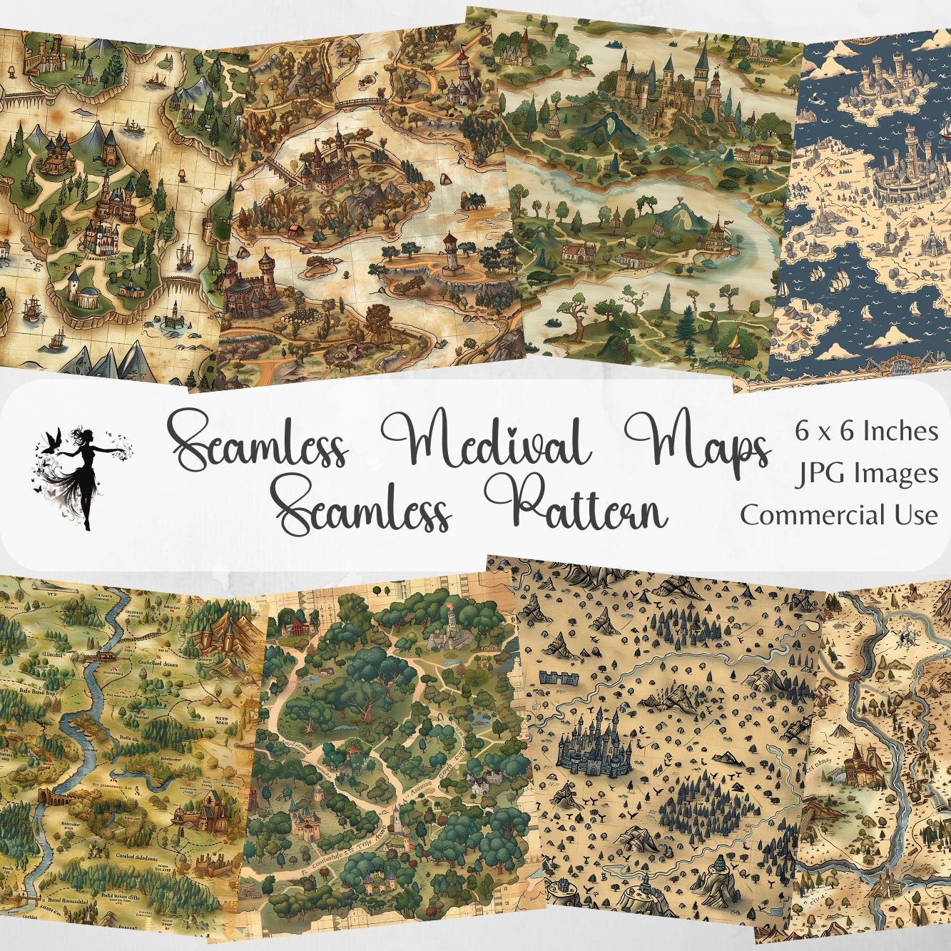 Medieval Fantasy Maps Seamless Patterns Pack Renfaire Digital Papers ...