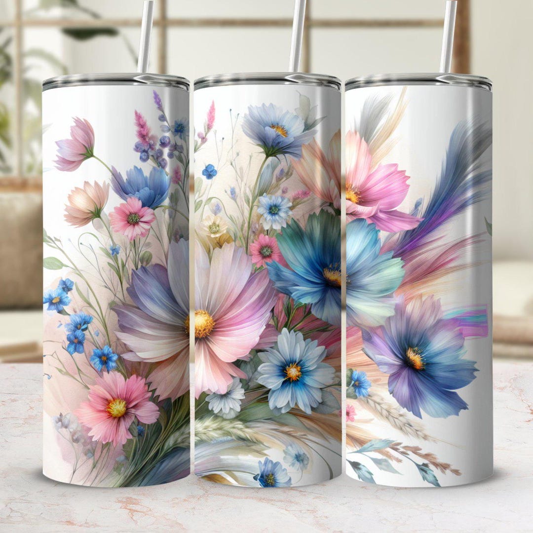 Spring Floral Daisy Tumbler Wrap, Watercolor 20oz Skinny Floral Tumbler ...