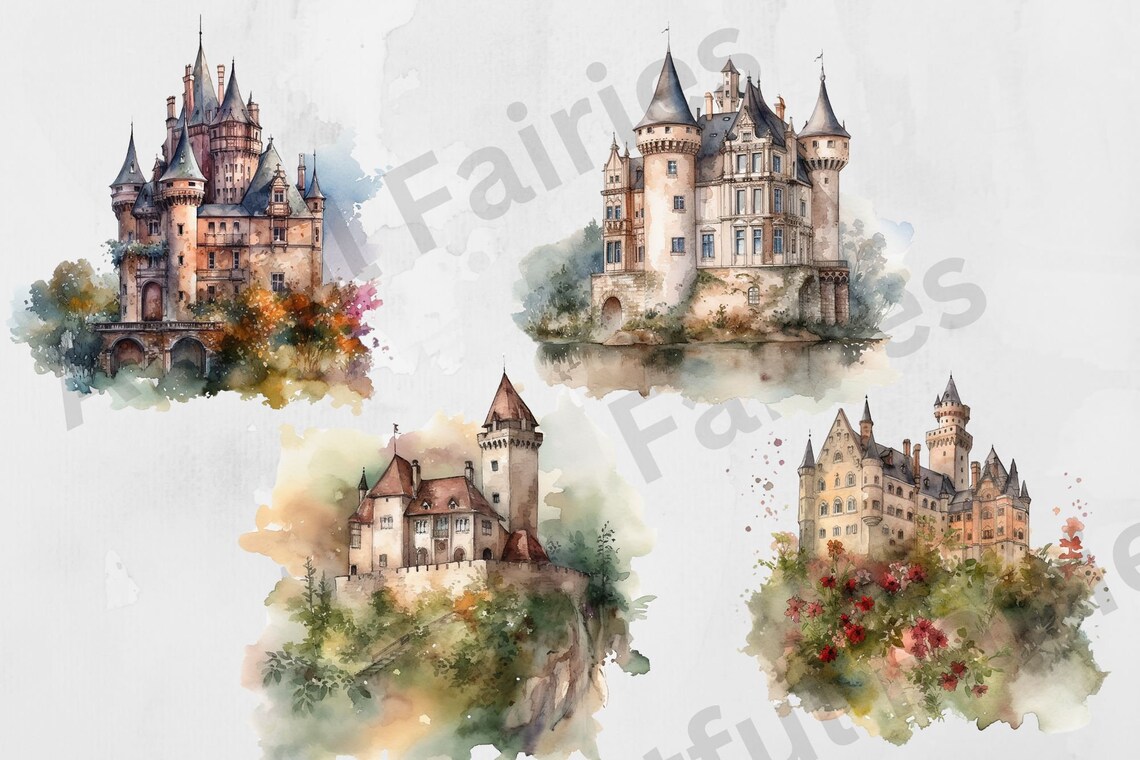 Romantic Medieval Castle Clipart Watercolor Clipart Fantasy - Etsy
