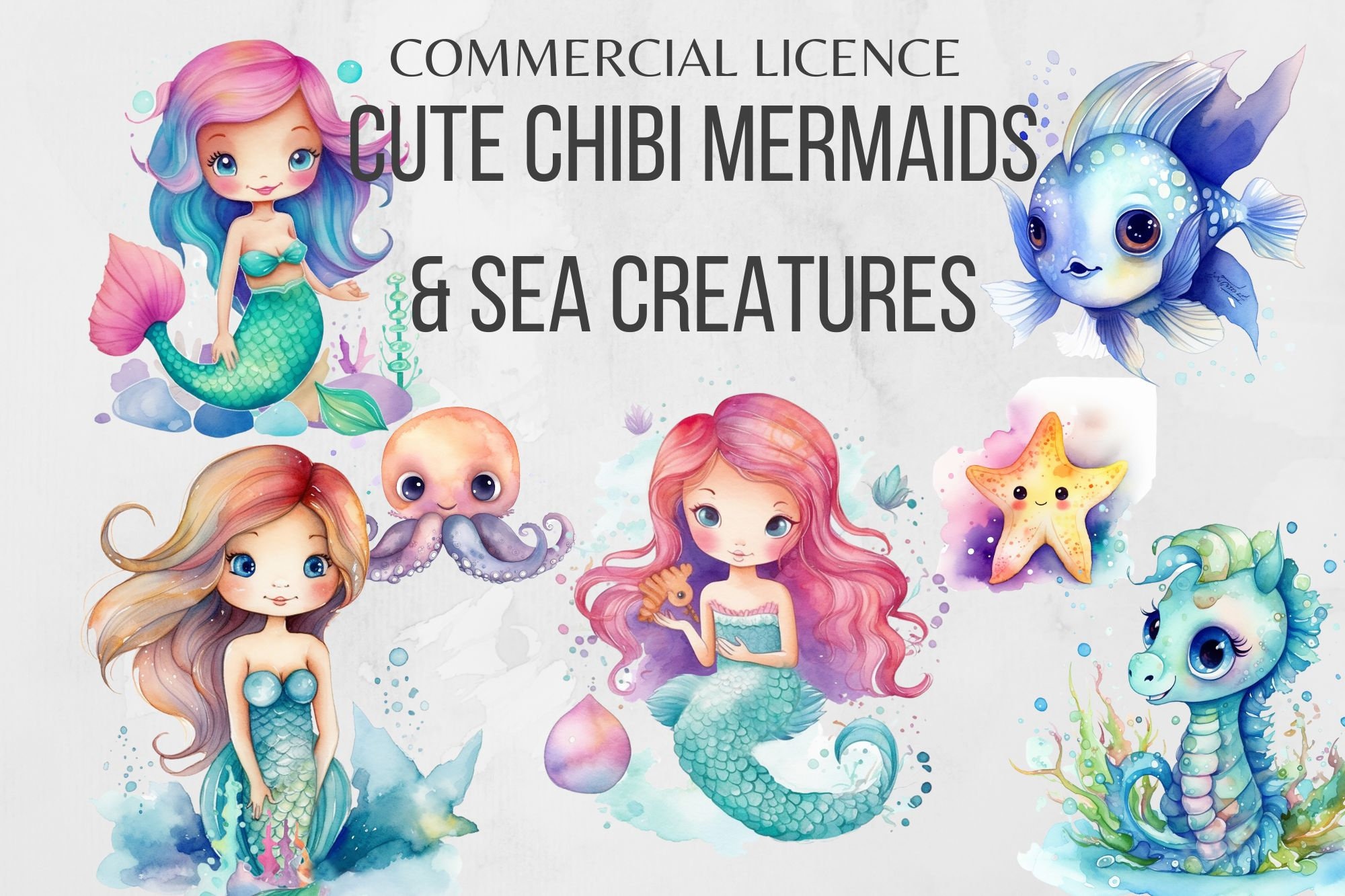 Watercolor Chibi Mermaid Clipart Set Kawaii Clipart Chibi Clipart DIY ...
