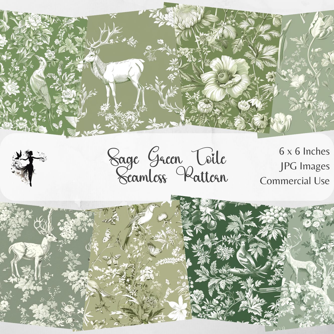 Sage Green Toile Seamless Pattern Digital Paper Floral Fauna Background ...